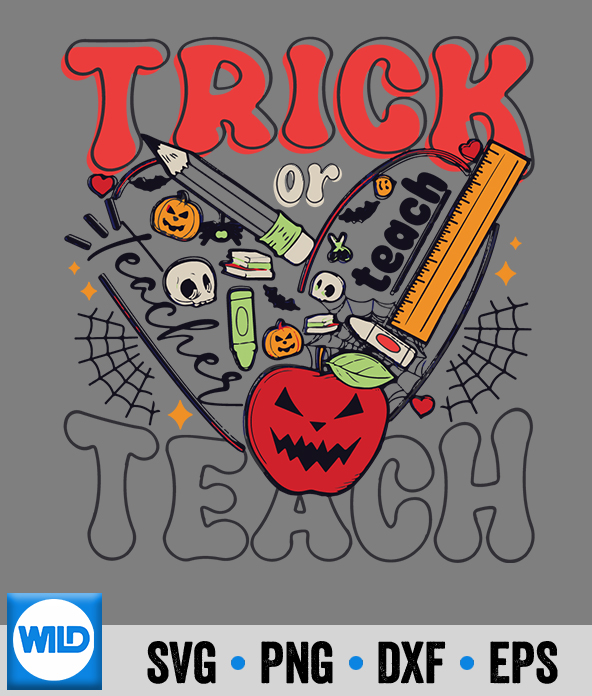 Halloween SVG, Groovy Halloween Trick Or Teach Retro Heart Teacher SVG ...